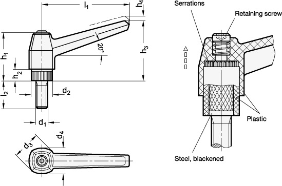 GANTER - Free CAD models - GN 500 Adjustable Hand Levers, Plastic, with Threaded Stud - TraceParts