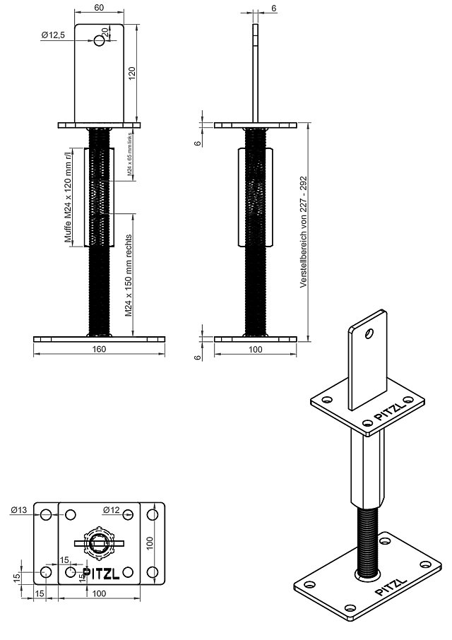 Pitzl - Free CAD models - 10922.1200 - Post base Right / left threaded ...