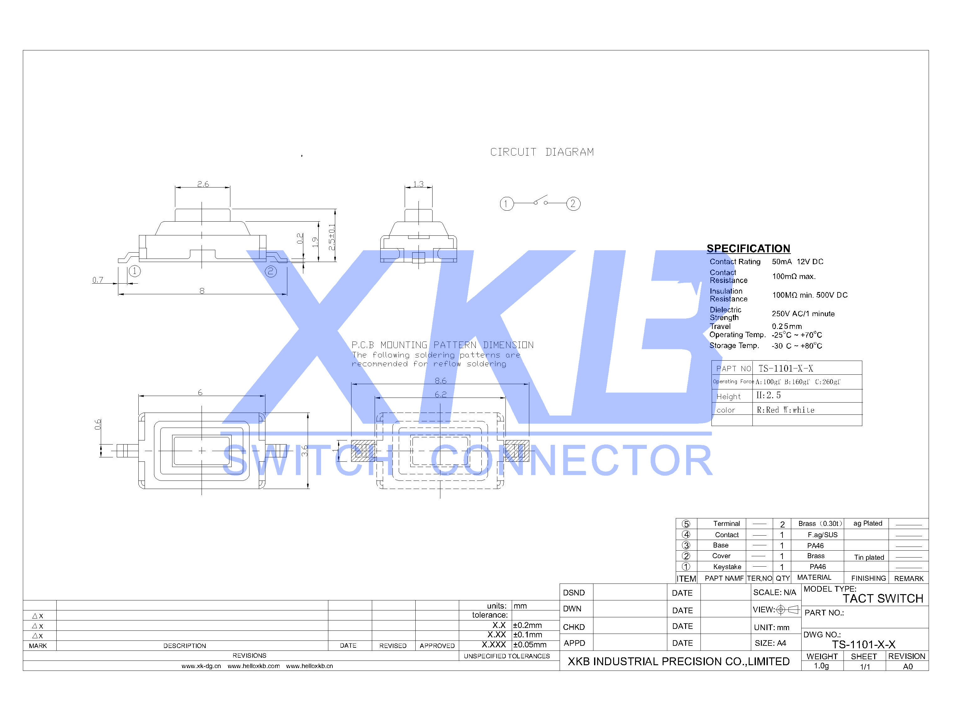 XKB Connectivity - Free CAD models - Tact Switch TS-1101-B-R - TraceParts