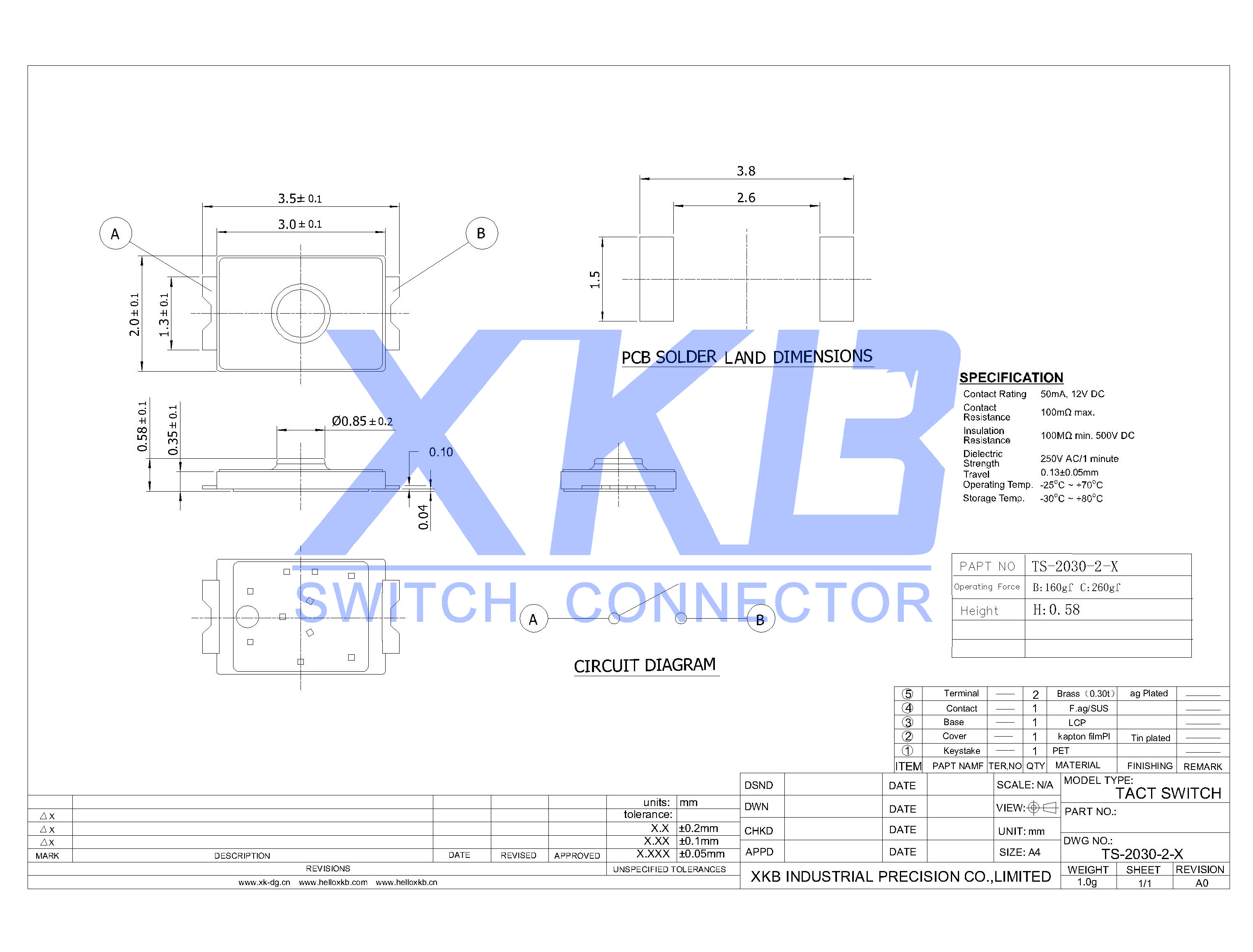 XKB Connectivity - Free CAD models - Tact Switch TS-2030-2-C - TraceParts